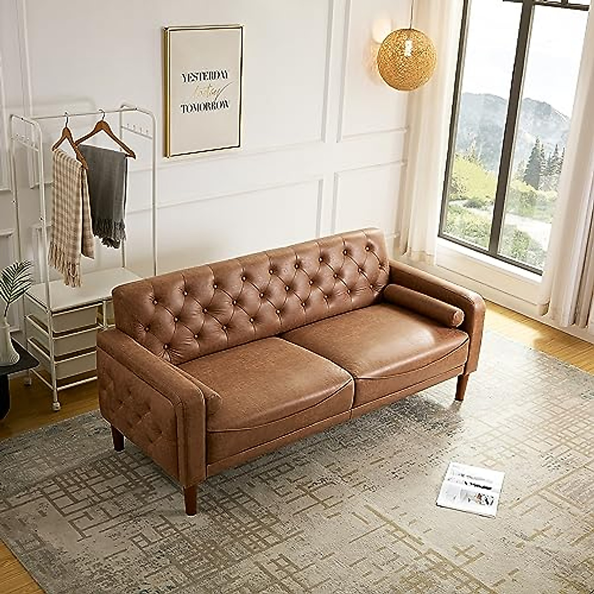 Lunanniu 78 Inch Vegan Leather Sofa Faux Leather Couches Loveseat Button Tufted Back Mid Century Modern 2 Bolster Pillows Solid Wood Frame and Legs 2 Seat Love Seat for Living Room Brown
