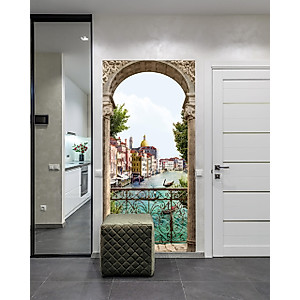 FLFK Door Sticker - Door Mural Peel and Stick, Removable Self-Adhesive Italian Water City Door Wallpaper for Home Decor, 30.3 "W x 78.7 "L, Set of 2 Sheets