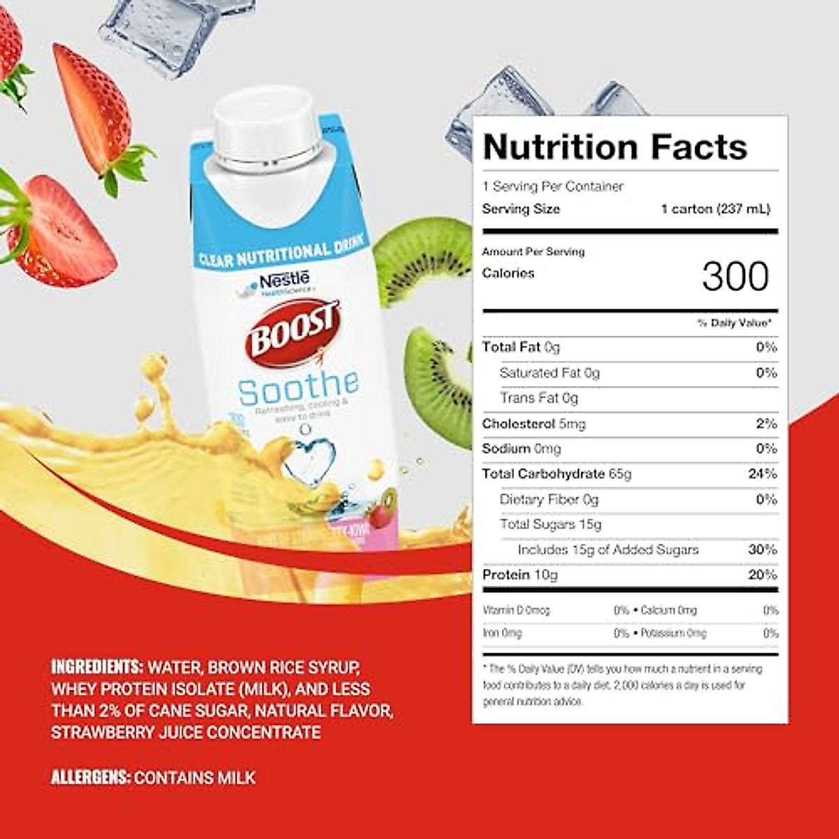BOOST Soothe Clear Nutritional Drink – Cooling sensation - 300 Calories - 10 g Protein from Whey Protein Isolate - Hint of Strawberry Kiwi Flavor - 8 fl oz (Pack of 24)