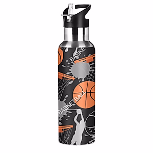 Basketball Football Sports Kids Water Bottle Thermos with Straw School Vacuum Insulated Stainless Steel Thermos Bottle Cup Leakproof Sport Travel Cup Mug Handle for Boys Man Women 20 OZ