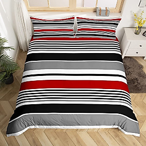 Modern Stripes Bedding Set Twin Size for Kids Boys Bedroom,Red Black Gray Bed Duvet Cover Set,Lines Art Comforter Cover Simplicity Decor 2 Pieces 1 Duvet Cover with 1 Pillowcase No Comforter