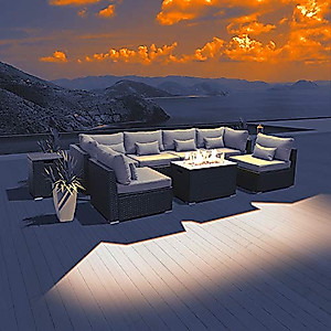 Dineli Patio Furniture Sectional Sofa with Gas Fire Pit Table Outdoor Patio Furniture Sets Propane Fire Pit (Light Gray-Rectangular Table)
