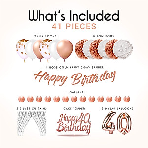 EpiqueOne 41-Piece Rose Gold 40th Birthday Decorations for Women | Includes Happy Birthday Banner, Cake Topper, Tissue Pom Poms & More | Easy to Set Up | Also Ideal for Bridal and Baby Showers & More
