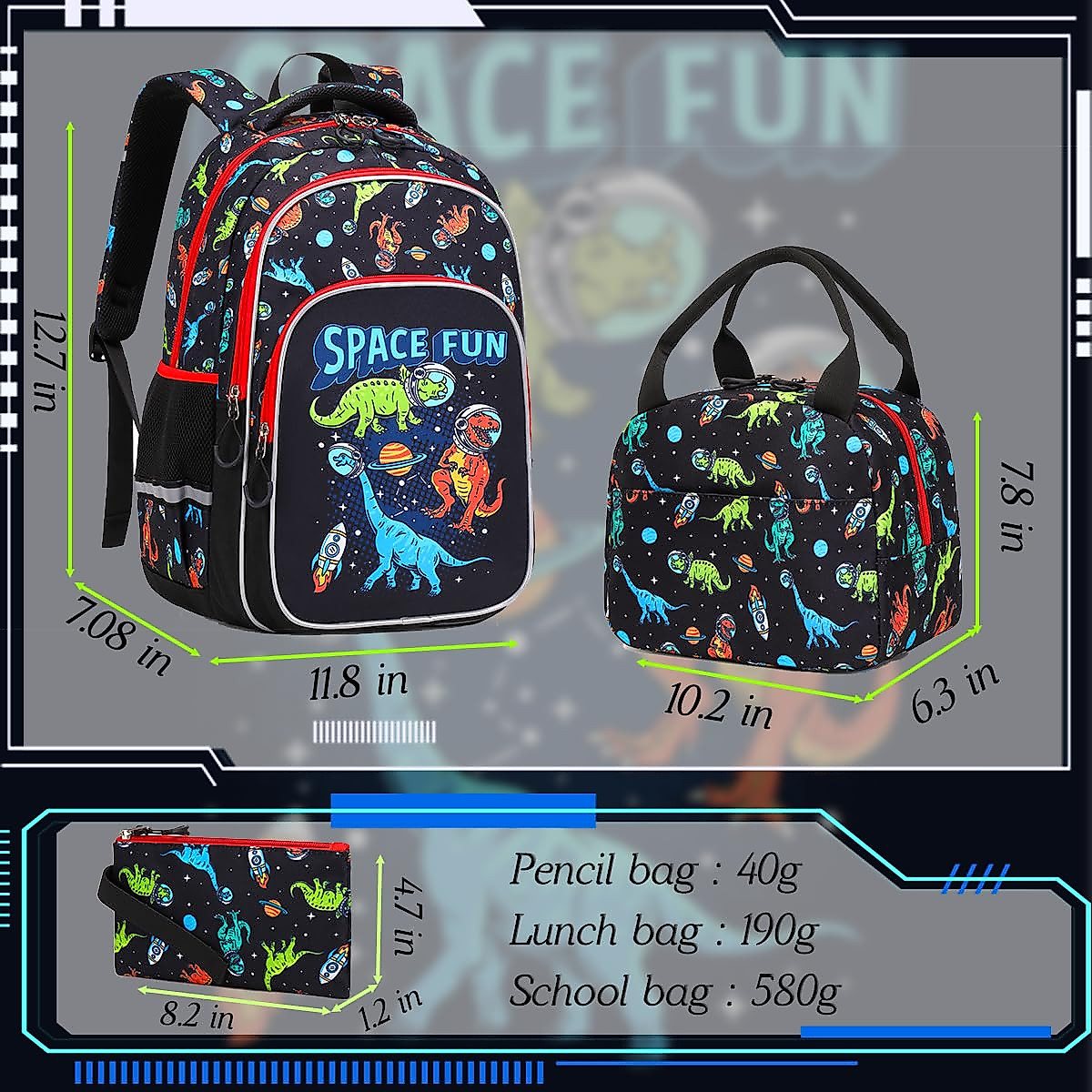 Dorlubel Lightweight Dinosaur Backpack for Boys School Bag with Insulated Lunch Tote & Pencil Case Preschool Kindergarten Elementary Book Bag Set(Black Space Dino Set)