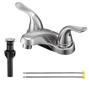 KPWATER Bathroom Sink Faucets 2/3 Hole,Brushed Nickel Dual Handles 4 inch Plastic Plating Over Bathroom Faucet with Pop-up Drain and 2 Supply Hoses for Apartment Rvs Sink Vanity