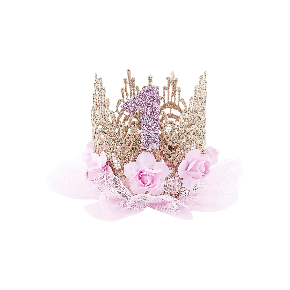 IBTOM CASTLE Baby Girl 1st Birthday Outfit Boho Ruffle Sleeveless Lace Tulle Romper Princess Tutu Dress Backless Infant Bodysuit First Birthday Photoshoot Clothes Pink+Crown 12-18 Months