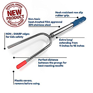 anytime family Extending Marshmallow Roasting Sticks 45" - 6 Premium Telescoping STAINLESS STEEL S’mores Skewers; Campfire, fire pit, camping. S'mores recipes eBook (Multicolor, 6 sticks)