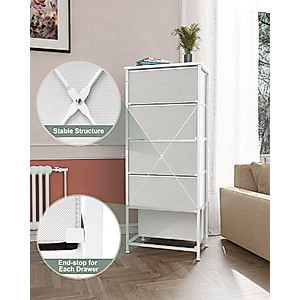 Crestlive Products Tall Dresser Vertical Storage Tower - Sturdy Steel Frame, Wood Top, Easy Pull Fabric Bins - Organizer Unit for Bedroom, Hallway, Entryway, Closets - 5 Drawers(White)