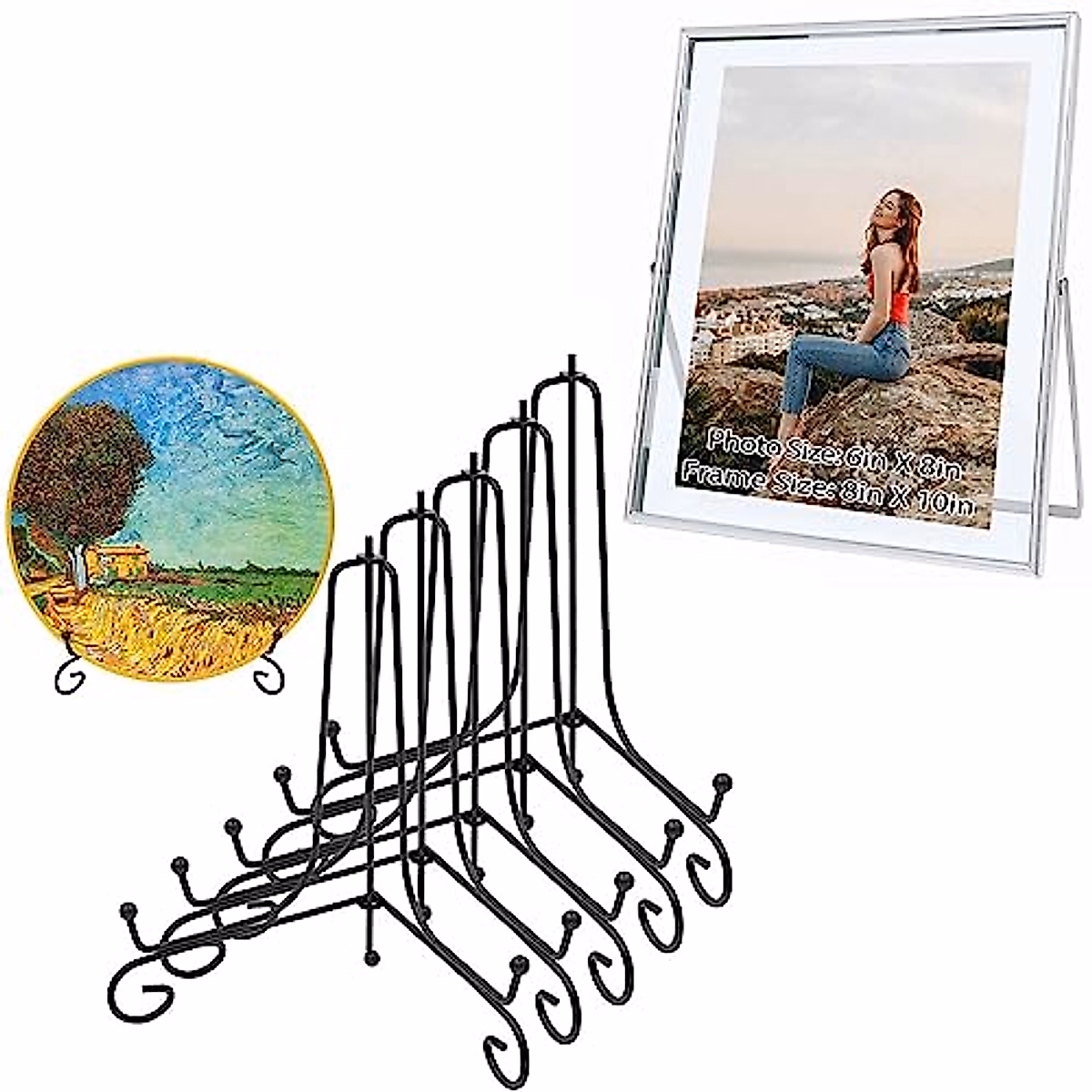 Qiannhee Plate Stands for Display (5 Pcs,8 inch) and Silver Floating frame (1 Pcs, 8x10), Picture Frame Hold 8x10in 6x8in 5x7in Photo for Tabletop, Glass Finish, Metal Stand Frame