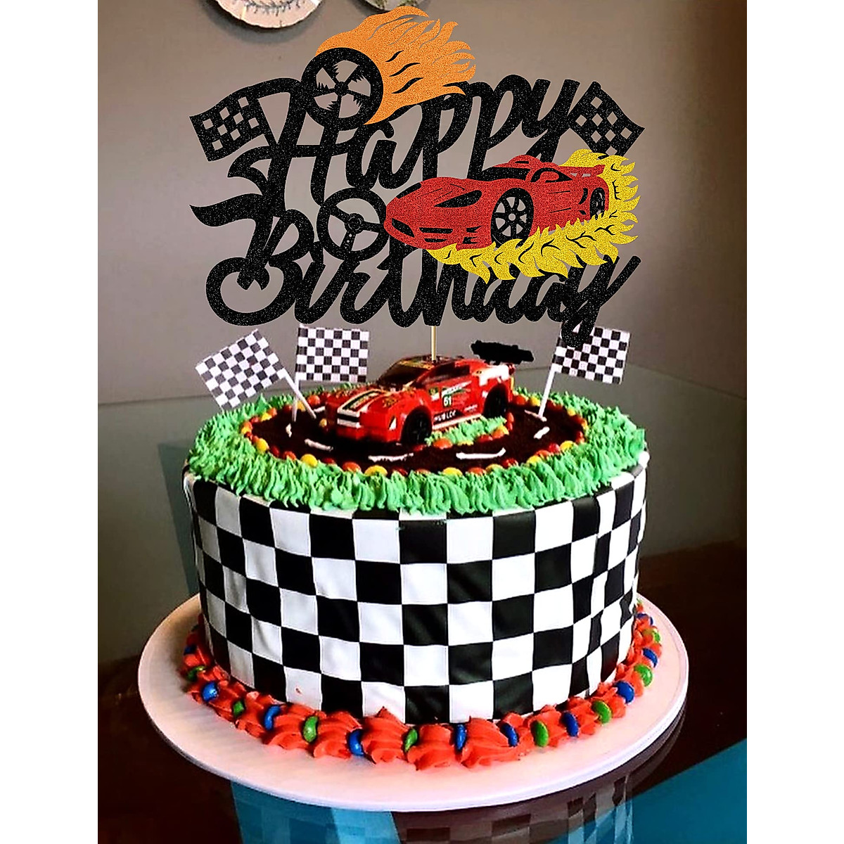 Bdayshop Fire Car Cake Topper Race Cars Cake Decorations Glitter Red Hot Car Cake Toppers for Boys Girls Racing Car Theme Birthday Party Supplies for Kids Baby Shower