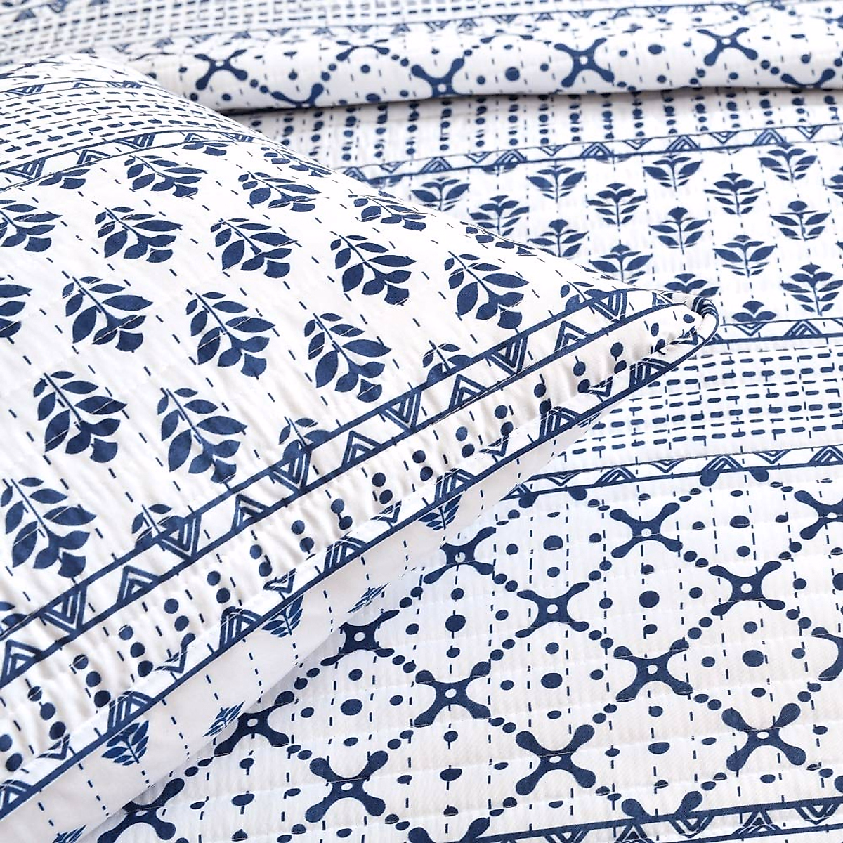 Lush Decor Monique Stripe Navy and White 3 Piece Quilt Set, King - Includes 2 Matching Pillow Shams