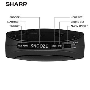 SHARP Small Digital Alarm Clock with Snooze and Battery Backup, Easy to Use Top Button Controls for Simple Use, Black Case with Red Easy to Read LED Display
