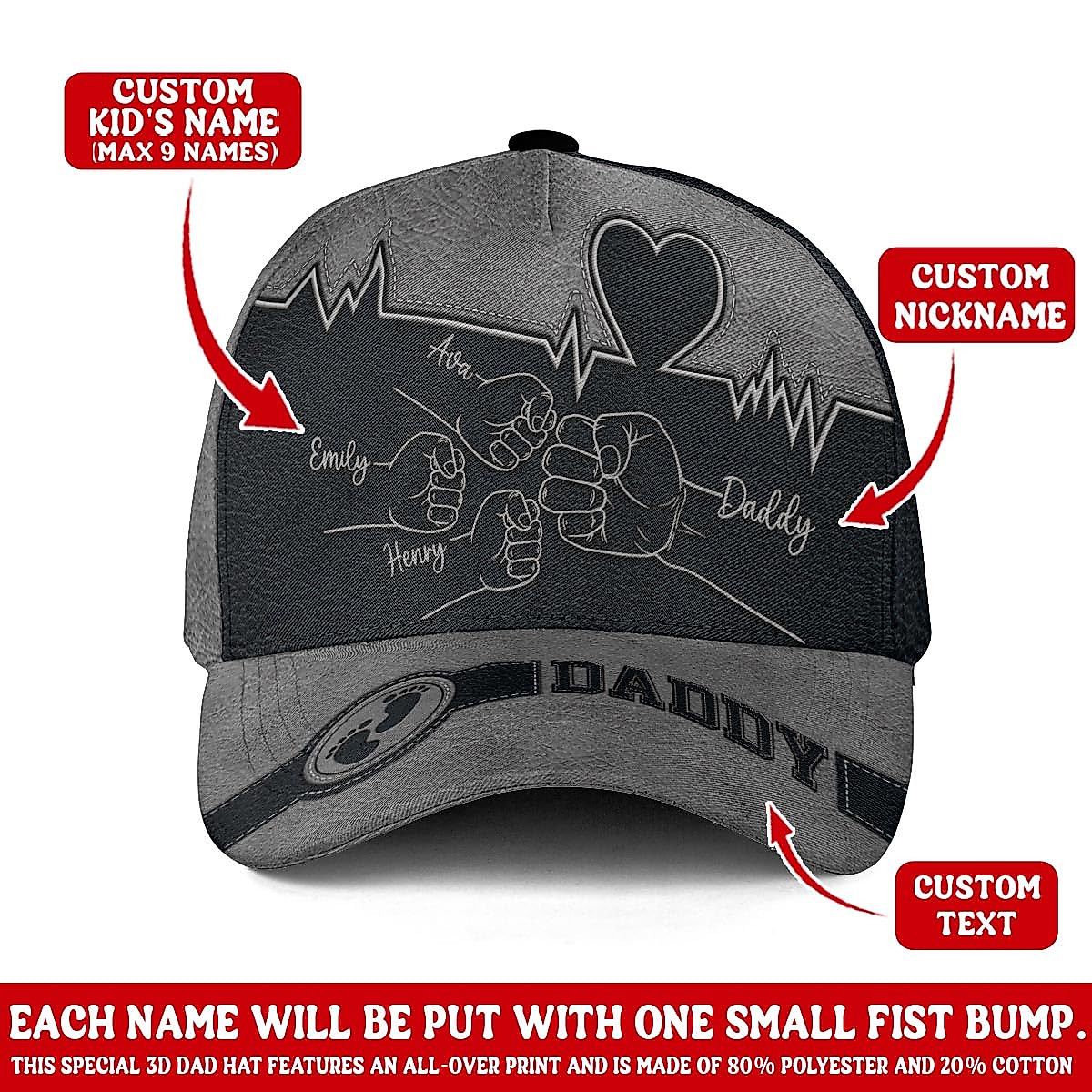Personalized Fathers Day Hat, Fist Bump Hat, Customized Daddy Hat, Custom Dada Hats, Grandpa Baseball Cap 4