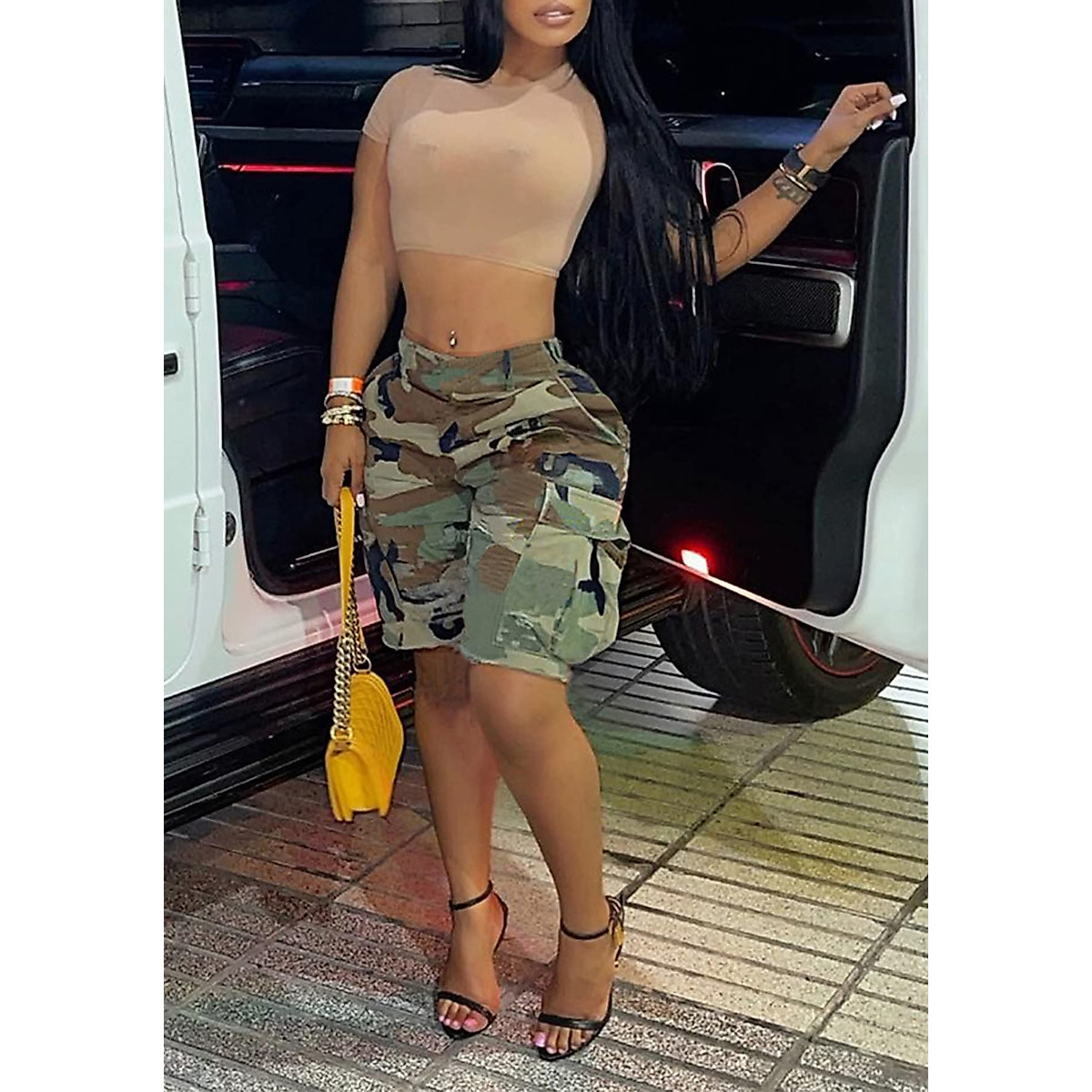 Vakkest Women's Camo Cargo Pants High Waist Slim Fit Trousers Camouflage Active Jogger Pocket Sweatpants with Belt