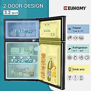 EUHOMY Mini Fridge with Freezer, 3.2 Cu.Ft Mini refrigerator with freezer, Dorm fridge with freezer 2 door For Bedroom/Dorm/Apartment/Office - Food Storage or Cooling Drinks(Black).