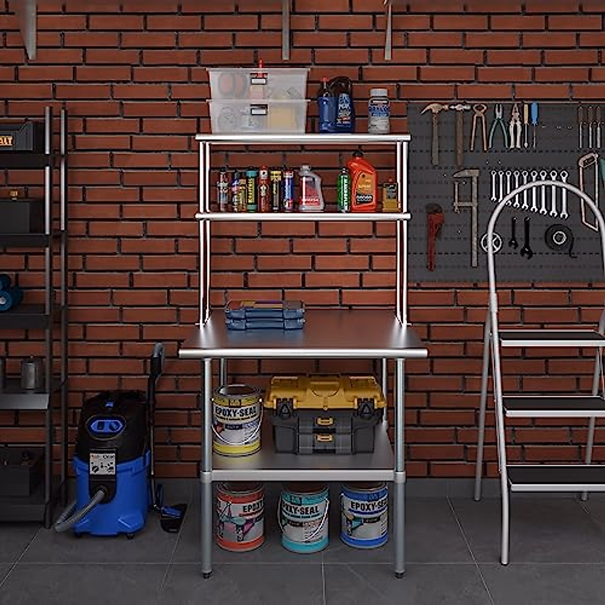 30" x 36" Stainless Steel Work Table with 12" Wide Double Tier Overshelf | Metal Kitchen Prep Table & Shelving Combo