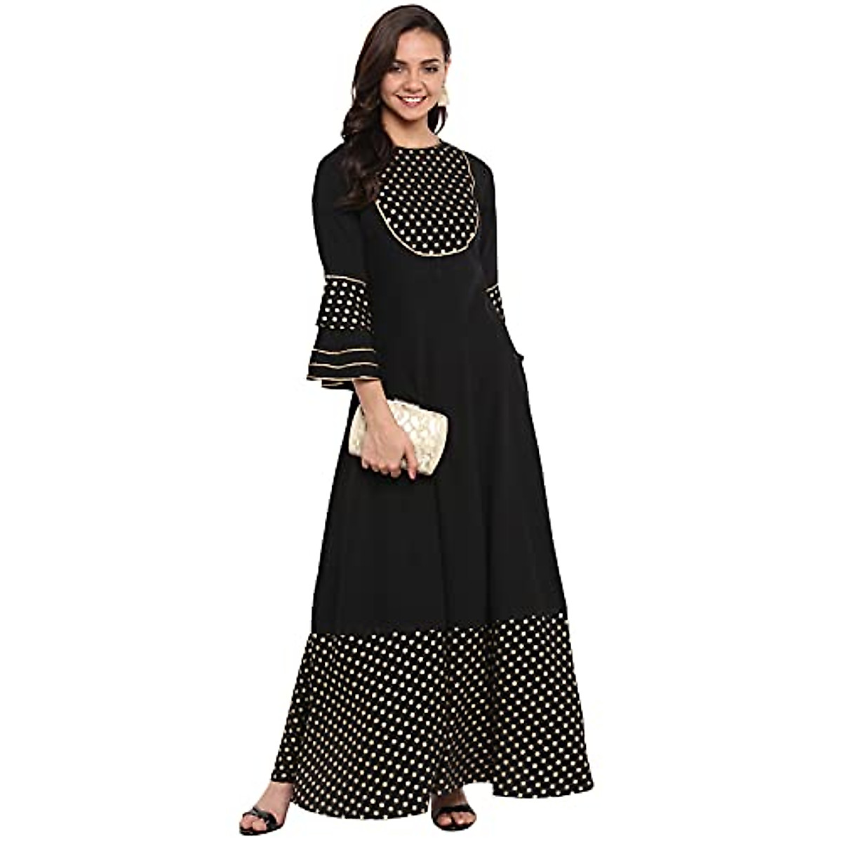 Janasya Indian Women's Tunic Tops Crepe Kurti for Women(JNE3313-KR-M) Black