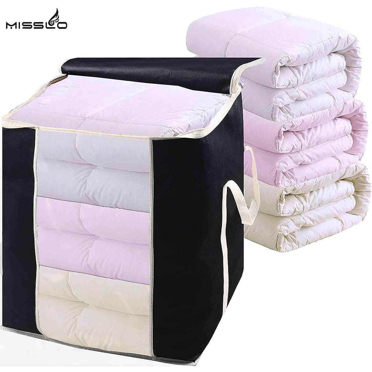 MISSLO King Comforters Storage Bag 120L for Blankets Clothes Sweaters Beddings Organizer with Reinfored Handles Non-Metal Fabric Storage Bin Organizer, Black