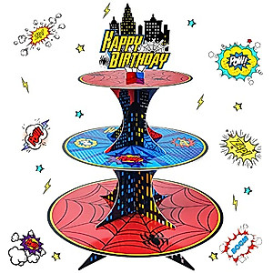 3 Tier Spider Cupcake Stand Superhero Spider Party Decorations Supplies for Kids Boys Themed Birthday Party