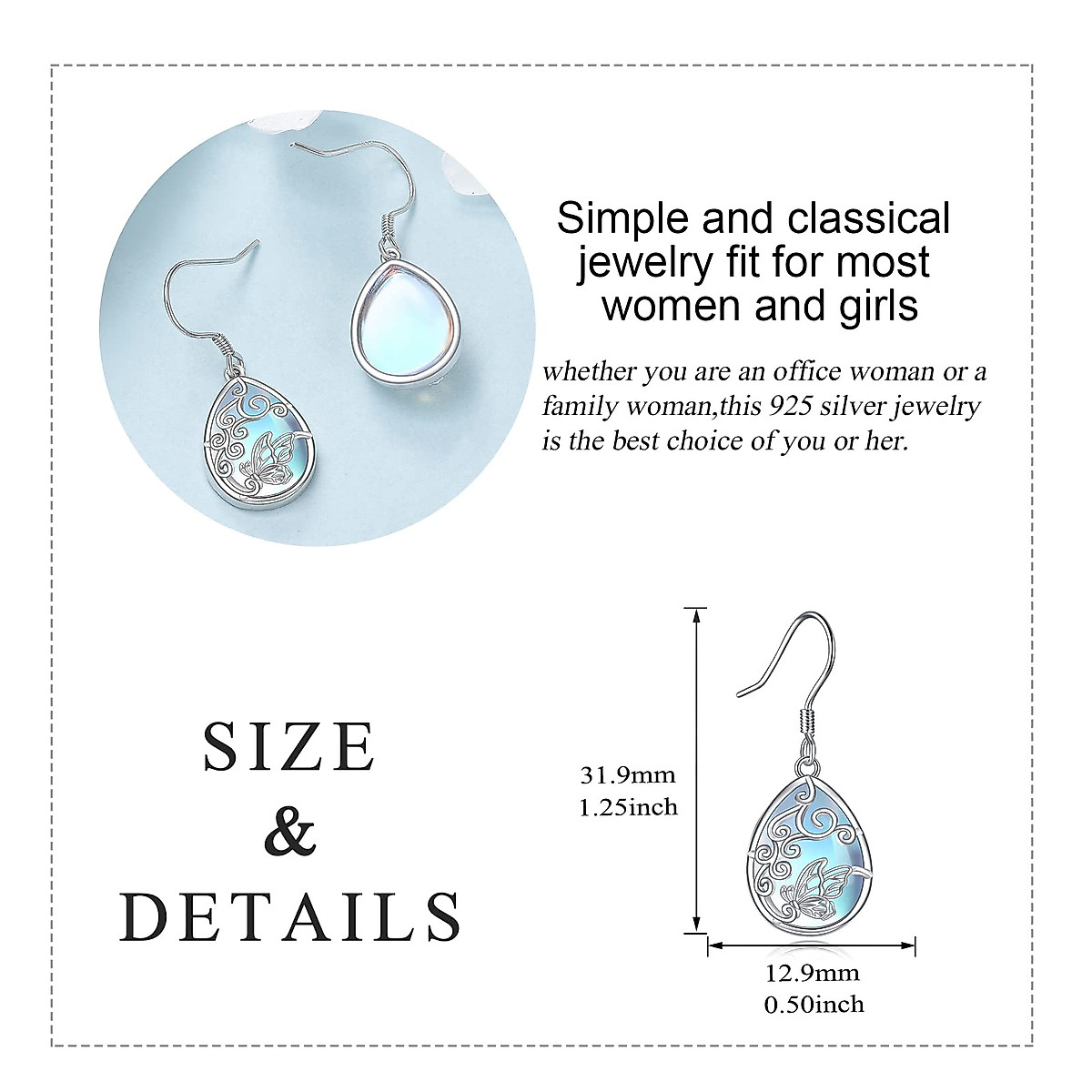 Butterfly Earrings Sterling Silver Moonstone Filigree Teardrop Dangle Earrings Butterfly Jewelry Gifts for Women