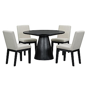 Merax 5-Piece Round Dining Table Set with 4 Upholstered Chairs, Retro Style Kitchen Dining Table for Dining Room, Kitchen Furniture Set for Family (Black)