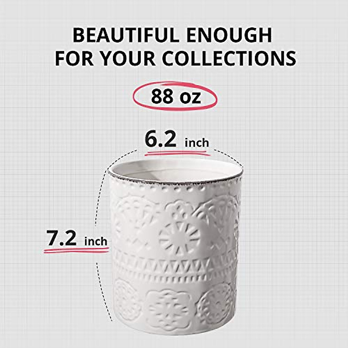 LIFVER Kitchen Utensil Holder, 7.2″ White Farmhouse Utensil Holder for Kitchen Counter, Extra Large Kitchen Utensil for Countertop, Heavy Ceramic Utensil Crock for Christmas Décor, Cork Mat