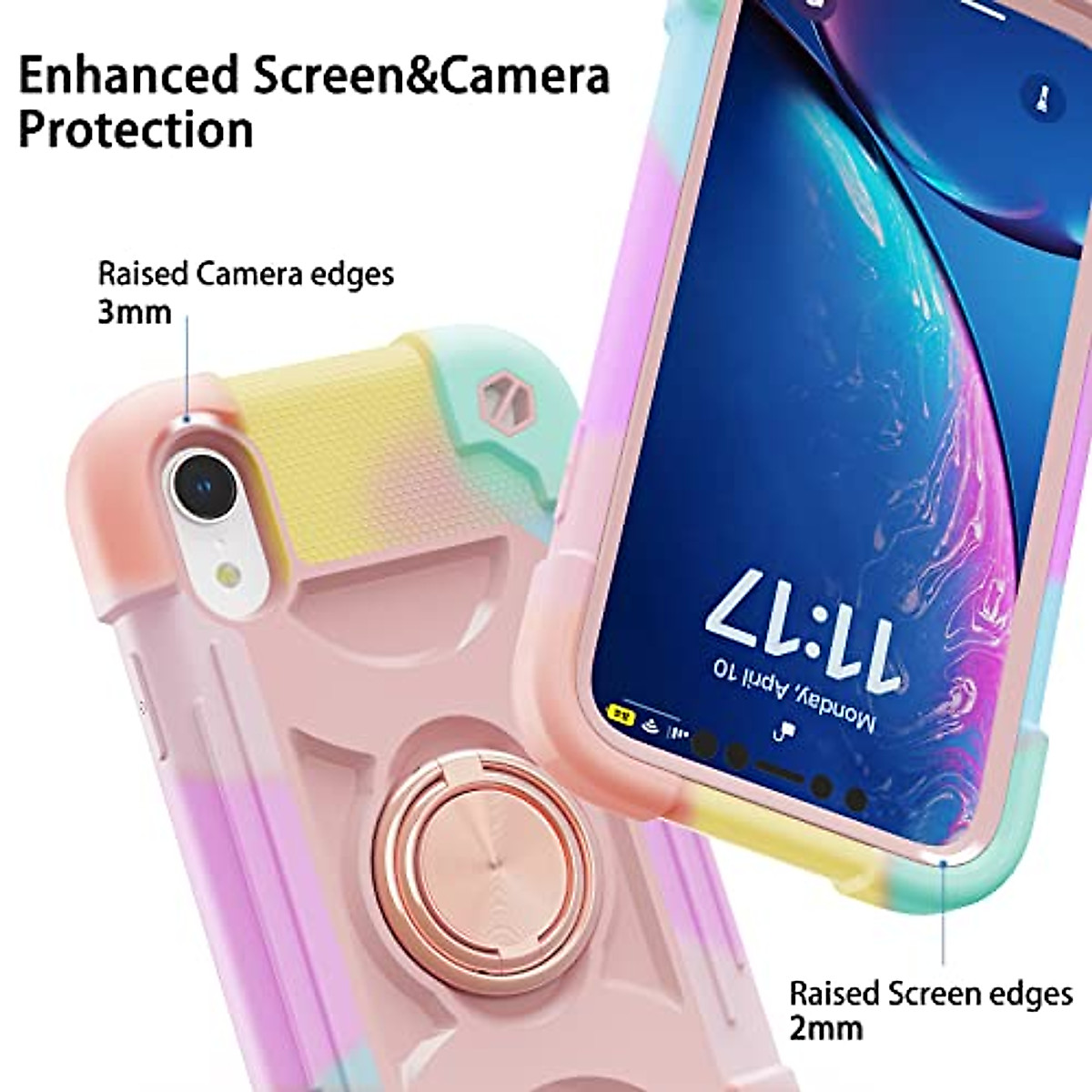 MARKILL Compatible with iPhone XR Case 6.1 Inch with Ring Stand, Heavy-Duty Military Grade Shockproof Phone Cover with Magnetic Car Mount for iPhone XR 6.1. (Rainbow Pink)