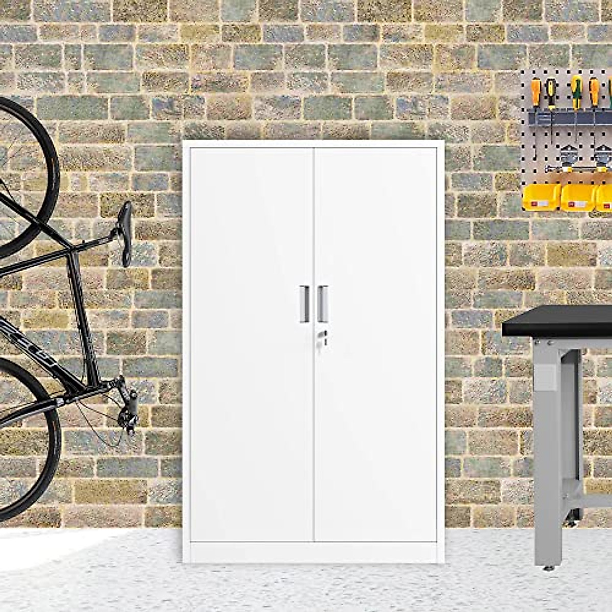 JINKUR Metal Storage Cabinet with Locking Doors and 3 Adjustable Shelves, 53.5-Inch Lockable Storage Cabinets for Home Office Garage Kitchen Pantry (White)