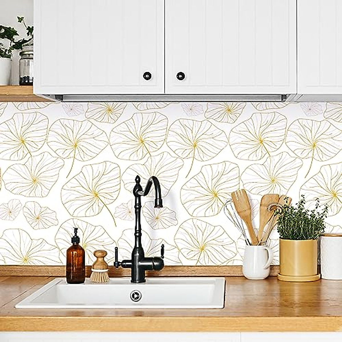 Nukofal Lotus Leaf Wallpaper Peel and Stick Wallpaper Lotus Floral Wallpaper 17.7In x 118.1In Leaf Contact Paper Gold and White Wallpaper Modern Removable Wallpaper Self Adhesive Wall Paper Vinyl
