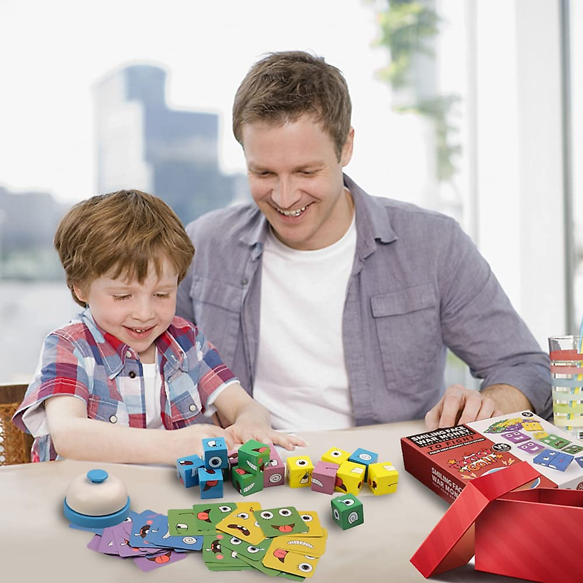 Wooden Expression Puzzle Building Cubes Game Face Changeing Magic Cube Building Blocks with Bell Parent-Child Board Games for 3+ Years Kids Educational Montessori Toys Gifts