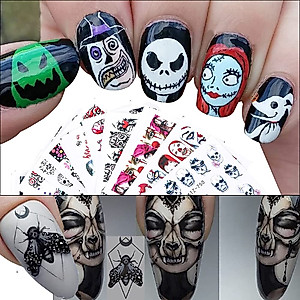 UARUOGP 25 Sheets Halloween Water Transfer Nail Stickers Nail Art Decals,10 Sheets Punk Skull Nails Foil Transfer Stickers,Grimace Skull Eye Spider DIY Decals for Halloween Party(35 Pcs)