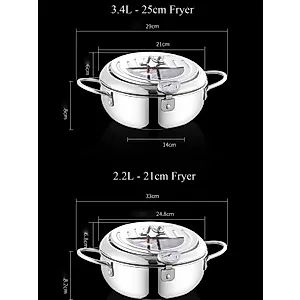 Deep Fryer Pot 304 Stainless Steel Japanese Frying Pot 3.4L/9.4 Inch Tempura Frying Pot with Lid, with Temperature Control Oil Drip Drainer Rack for Fried Chicken, Shrimp, French Chips dip