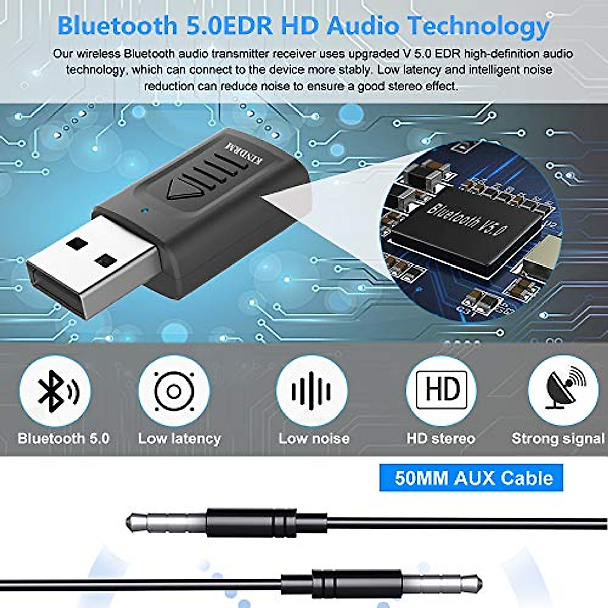 Bluetooth Receiver Transmitter, KINDRM 4in1 Mini USB Bluetooth 5.0 Audio Transmitter & Wireless Bluetooth 3.5mm Aux Adapter Receiver for Car/Home Stereo Headphones Speakers TV PC Projector CD (Black)