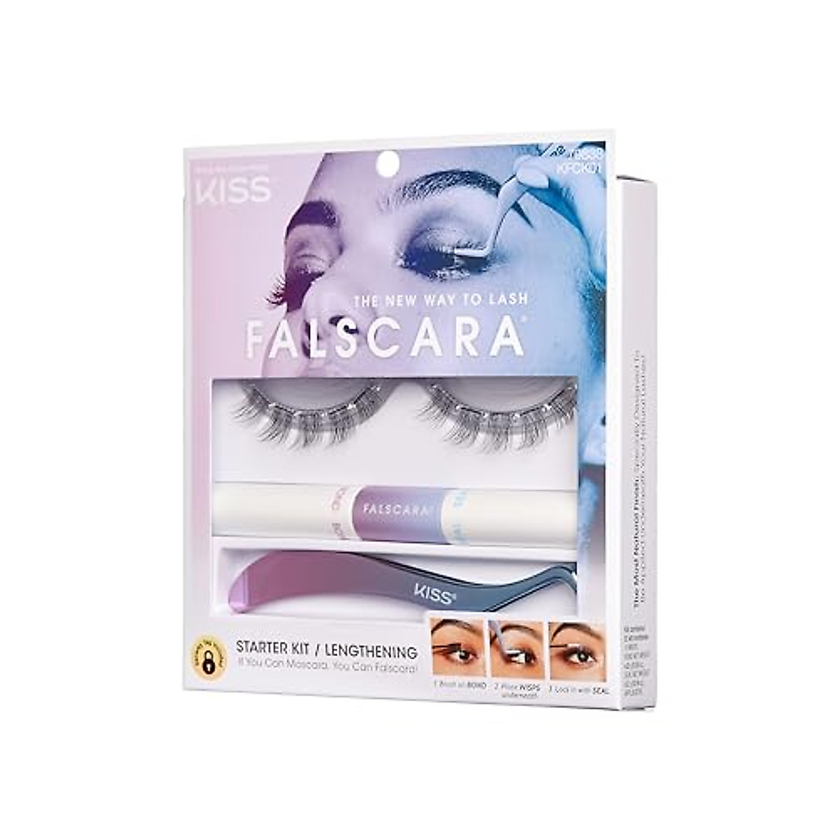 KISS Falscara DIY Lash Extension Starter Kit 10 Reusable Featherlight Eyelash Lengthening Wisps, Applicator, Bond & Seal
