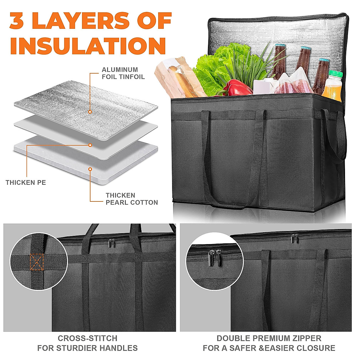 Micanlo Insulated Food Delivery Bag, Commercial Grade Pizza Carrier for Hot and Cold Food, Large Reusable Catering Cooler Bag 22x15x14, Pizza Delivery Box for Uber Eats, Doordash Essentials