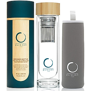 Pure Zen Tea Infuser Bottle - Insulated Glass Bottle for Loose Leaf Tea - Tea Tumbler with Infuser - Portable Travel Mug for Infused Water - Tea Diffuser Thermos on the Go - 15 oz