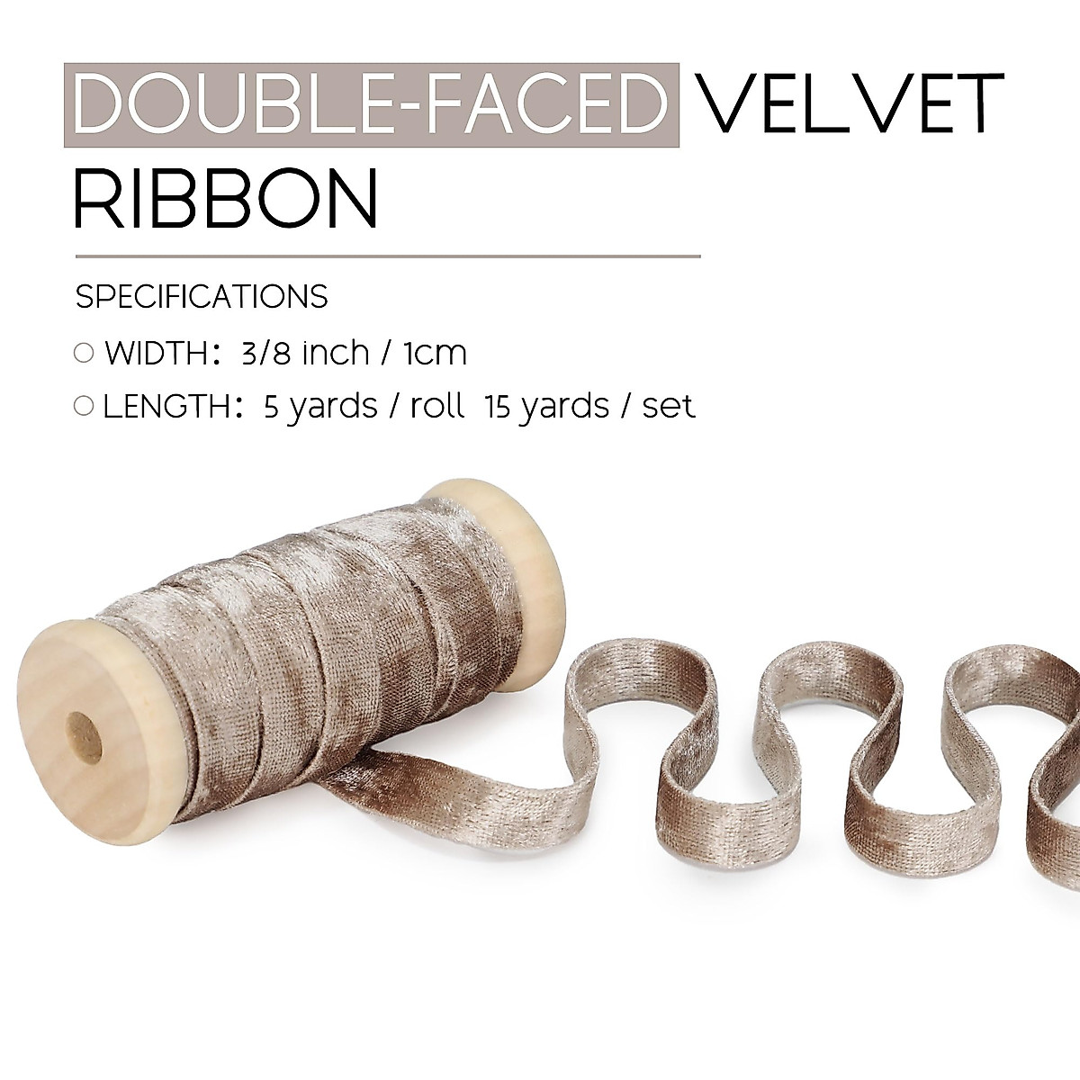 Keypan Velvet Champagne Ribbon Double-Sided Handmade Glossy Fabric Trim Wooden Spool Thin Ribbons for Christmas Tree Gift Wrapping Crafts Wedding Flower Bouquet 3/8 inch x 5YD 3 Rolls