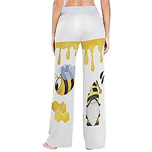 Yellow Flying Bee Dressed Up Gnome Honeycomb on White Pajama Lounge Pants Drawstring Stretch Pants Wide Leg(L)