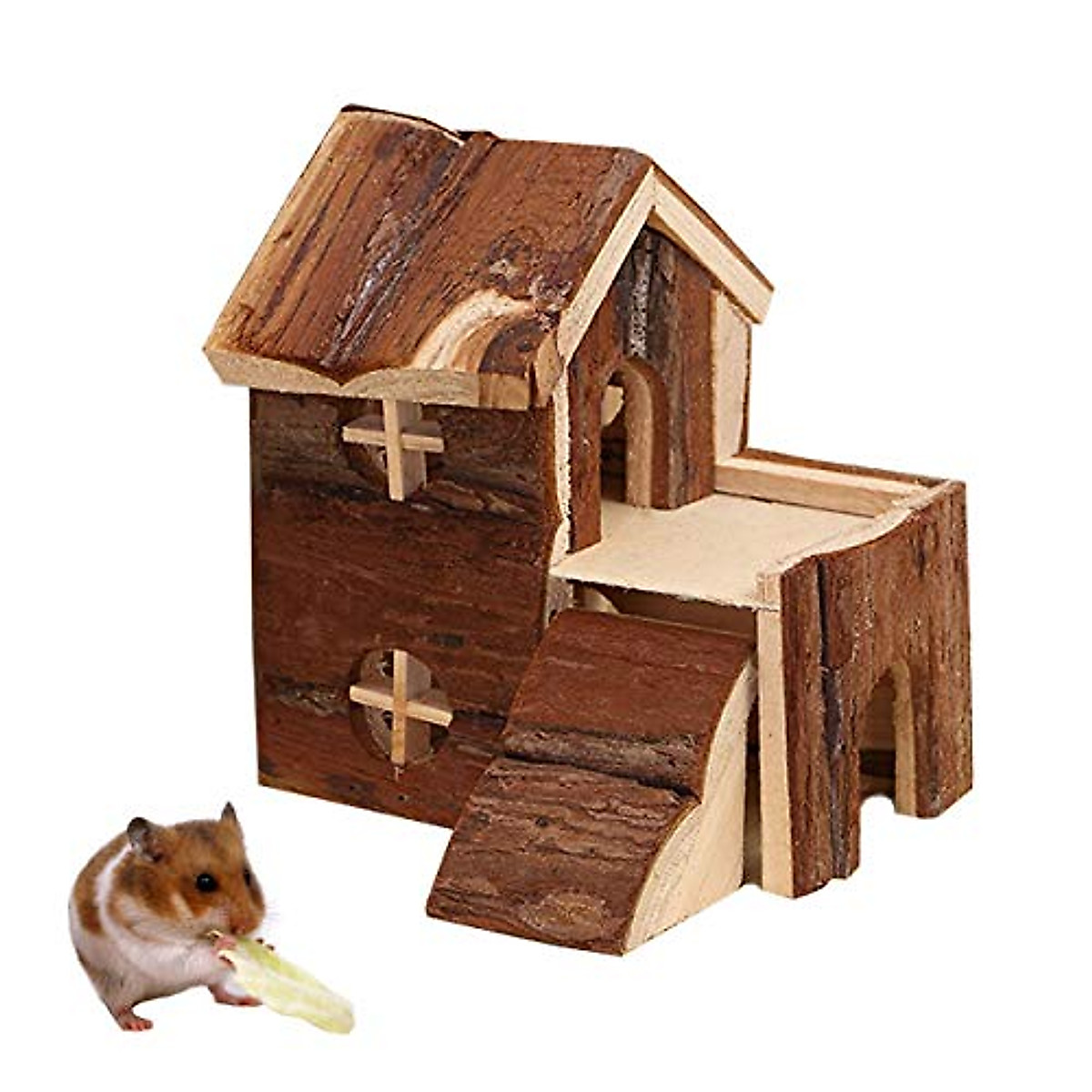 Hamster Wooden House Double Layers Hideout Hut for Dwarf Hamster Mouse Rat Gerbil (S)
