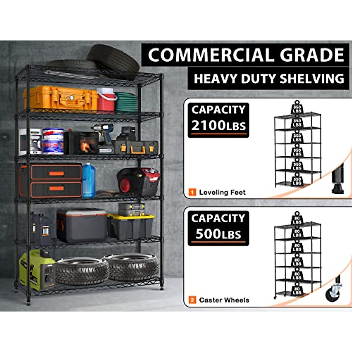 Heavy Duty 6-Tier Storage Shelves Adjustable NSF Garage Shelving with Wheels & Adjustable Feets,Free Standing Shelves for Storage Closet Pantry Garage Wire Shelving Unit Metal Shelving,48"Lx18"Wx72"H