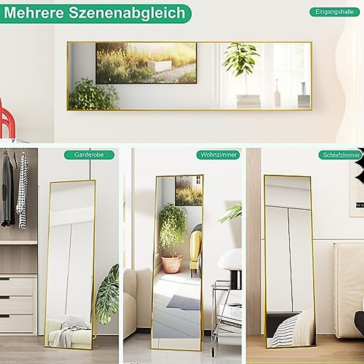 FANYUSHOW Full Length Mirror, Standing Hanging or Leaning Body Mirror, Simple Rectangle Design, Aluminum Alloy Thin Frame, Floor Mirror for Bedrooms, Bathrooms, Living Room (Gold)