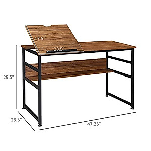 HOMCOM Drafting Table, Adjustable Drawing Desk, Multifunctional Writing Desk with 15-Level Tiltable Tabletop and Storage Shelf for Home Office, Walnut