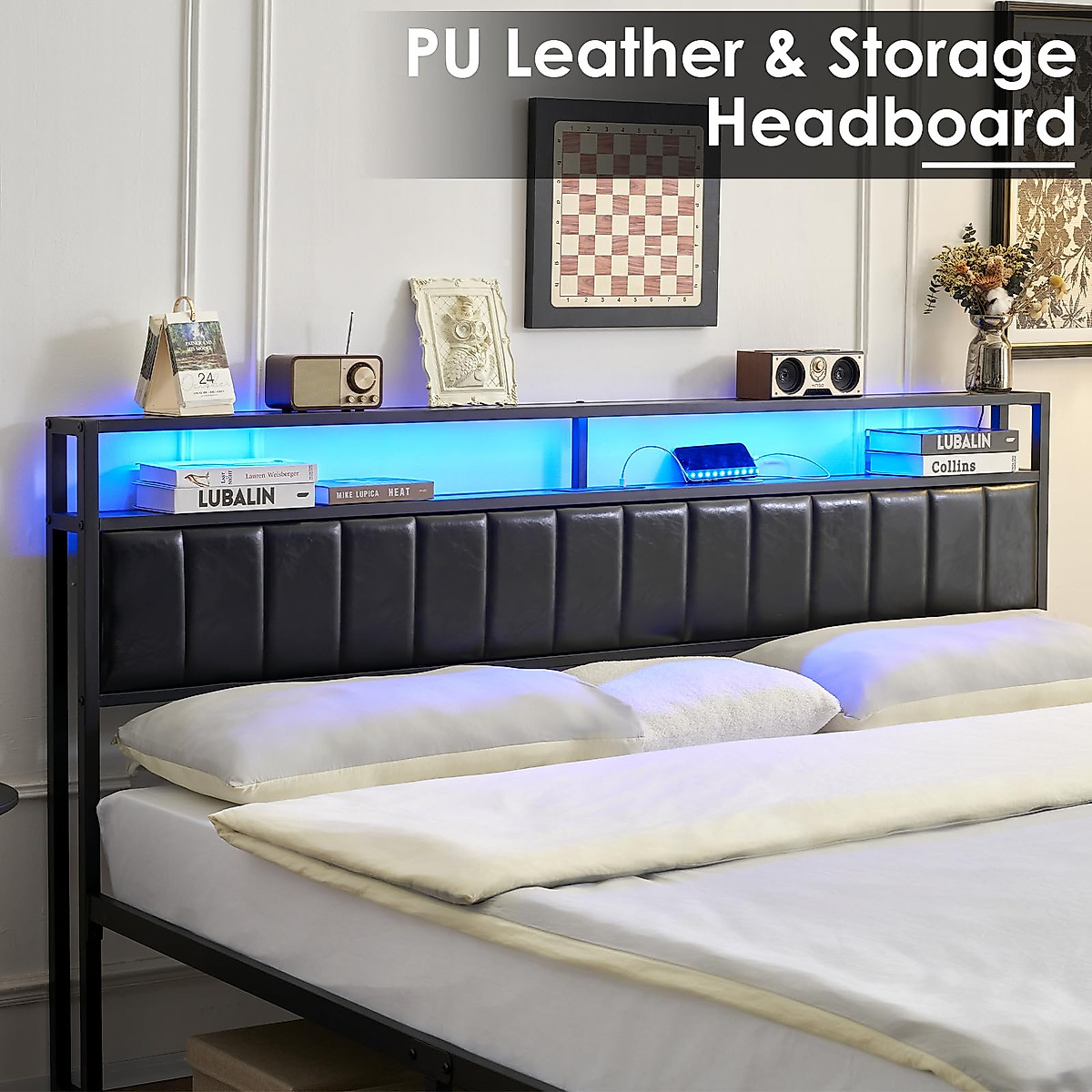 AMERLIFE King Size Platform Bed Frame, LED Bed Frame with PU Leather & Charging Station, 2-Tier Storage Headboard/No Box Spring Needed/Noise Free, Black