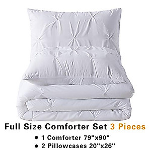 Andency White Pinch Pleat Comforter Full(79x90Inch), 3 Pieces(1 Pintuck Comforter and 2 Pillowcases) Down Alternative Microfiber Comforter Bedding Set