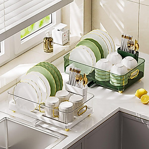 ENTERLIFE Plastic Dish Drying Rack for Kitchen Counter Rustproof Removable Cutlery Holder, Sink Organizer Dish Rack Drainboard ，Multifunctional Vegetable and Fruit Drain Rack（Clear）