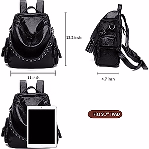 KOOIJNKO Women Backpack Purse, Rivet Studded Rucksack Convertible Ladies Fashion Casual Travel Daypack, 3 Ways Washed Leather Shoulder Bag (Black)