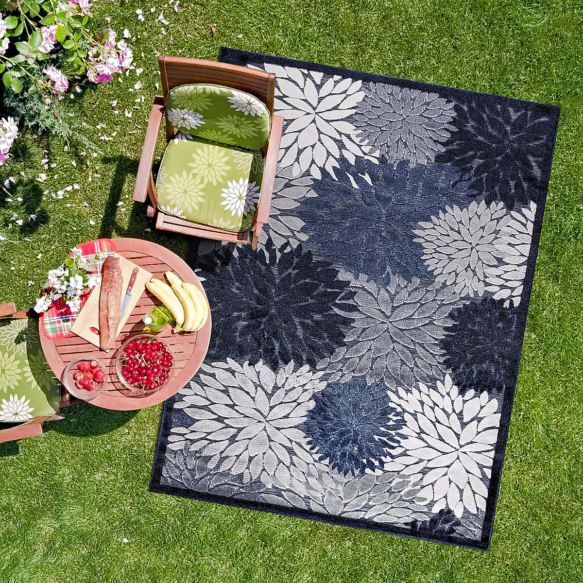 CAMILSON Indoor/Outdoor Rug, Navy Blue 5x7 Floral Exotic Tropical Area Rugs for Indoor and Outdoor patios, Easy-Cleaning Non-Shedding Living Room, Garden and Kitchen Washable Outside Carpet (5 x 7)