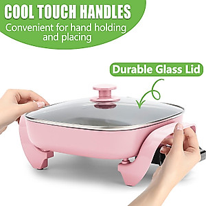 12-inch Nonstick Square Electric Skillet - with Glass Lid, Dishwasher Safe, Pink