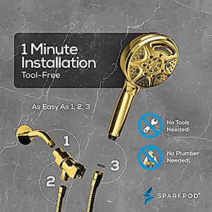 SparkPod 5 Inch 9 Spray Setting Shower Head - Handheld High Pressure Jet with On/Off Switch, Pause and Waterfall Setting- Premium ABS Removable Handheld Shower Head with Hose (Gold)
