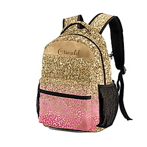 Urcustom Custom Kid Backpack, Glitter Gold Leopard Personalized Name School Bookbag, Customization Casual Bookbags for Student Girls Boys